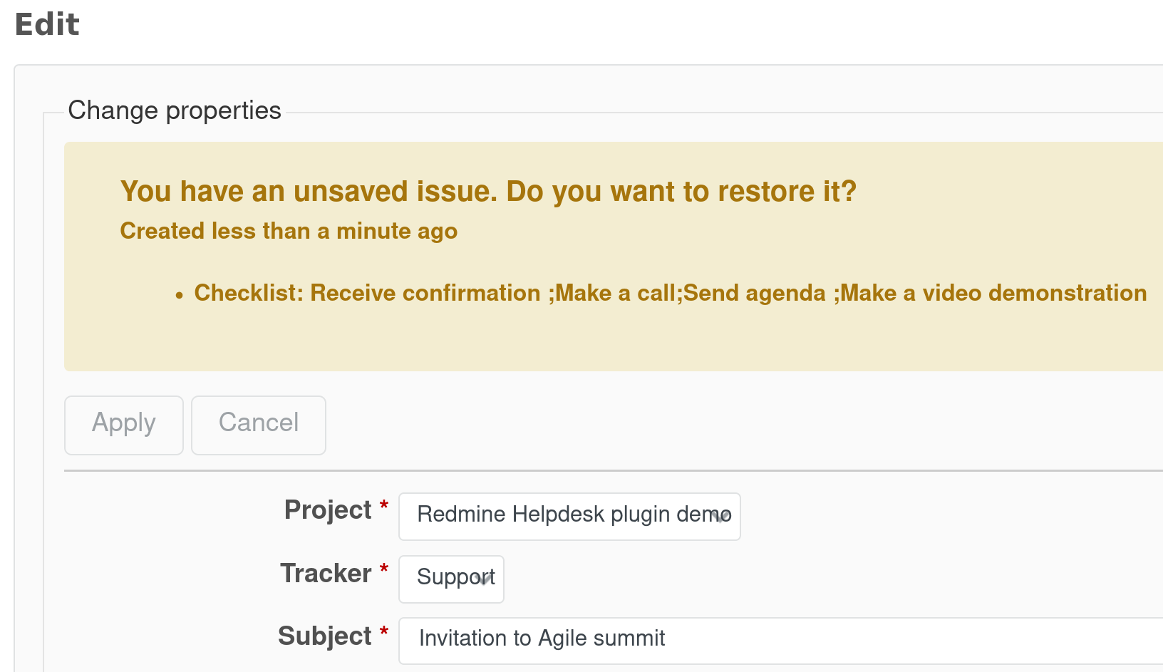 Drafts for checklists and wiki | RedmineUP Help | Zenedit plugin documentation