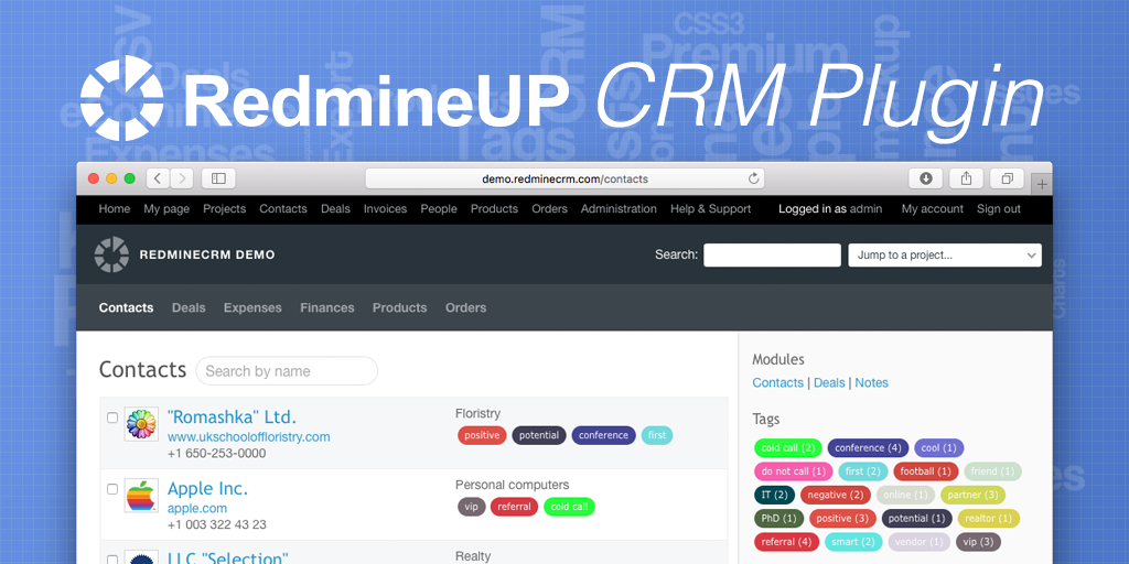 Redmine CRM Plugin: manage clients, tasks, sales
