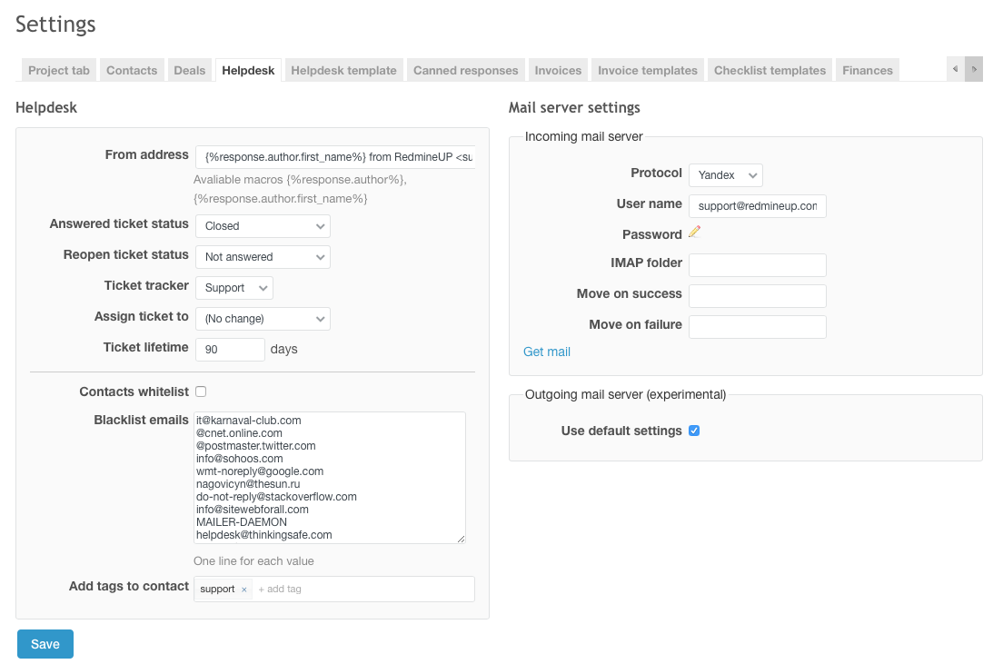Project settings for Helpdesk plugin | Helpdesk plugin documentation