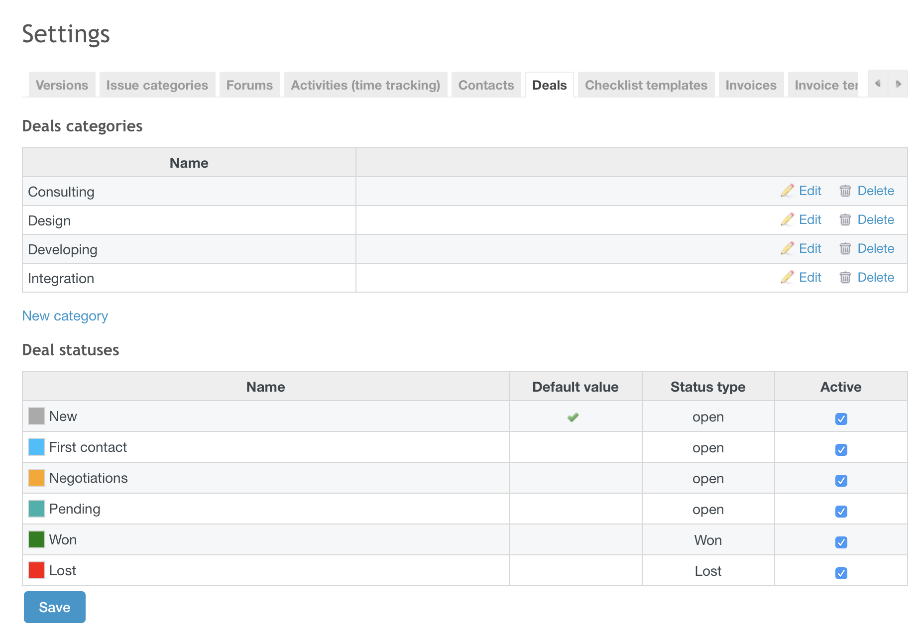 How to add deal statuses and categories? | CRM plugin documentation