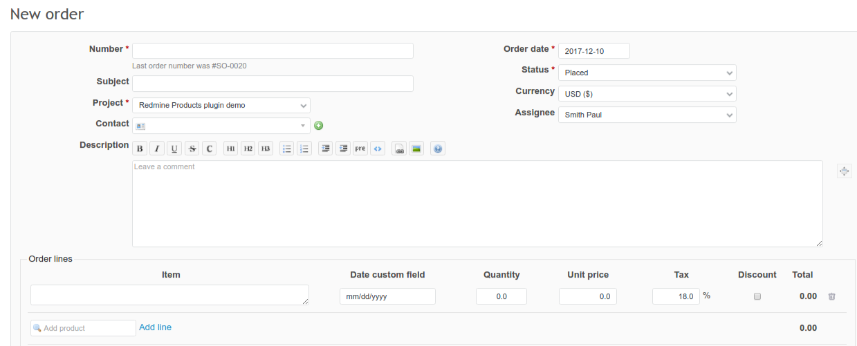Add new order | RedmineUP Help | Products plugin documentation