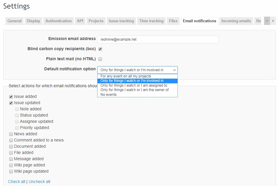 Setting Email notifications in Redmine | Redmine Help & Support