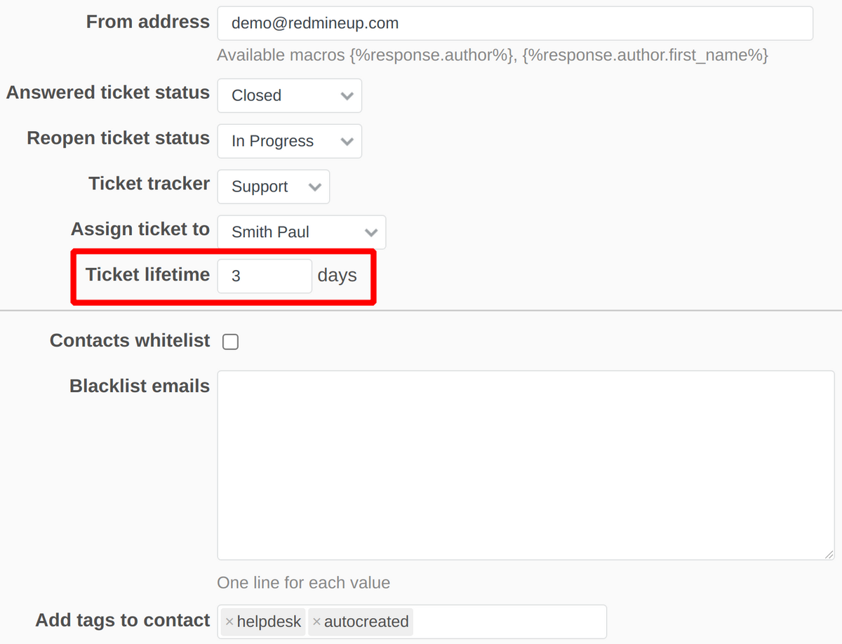 Ticket lifetime | RedmineUP Help | Helpdesk plugin documentation
