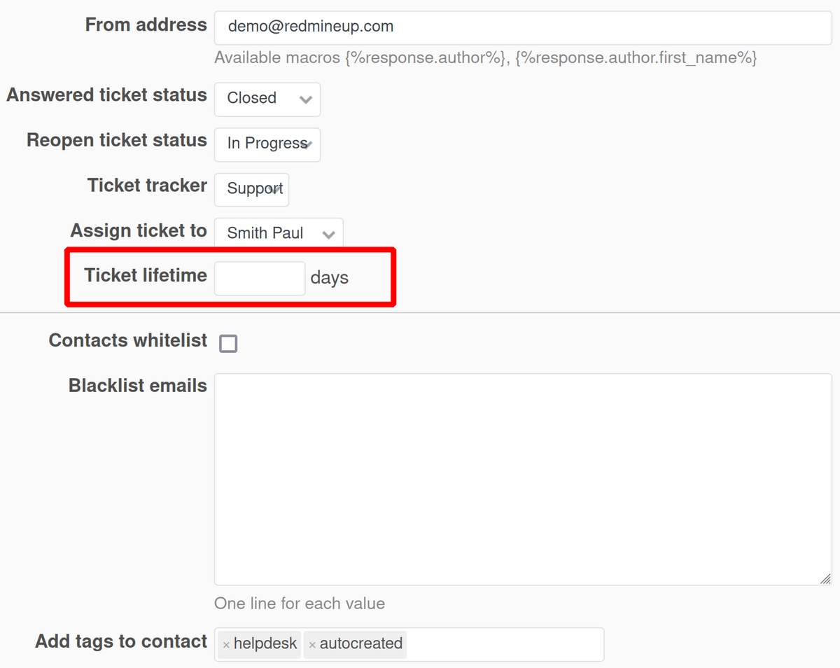 Ticket lifetime | RedmineUP Help | Helpdesk plugin documentation