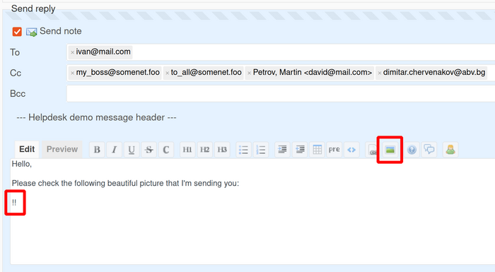 How to add an embedded image in a ticket reply | RedmineUP Help | Helpdesk plugin documentation