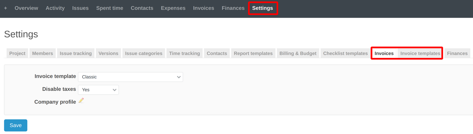 A guide that shows how to activate the Invoices module | RedmineUP Help | Invoices plugin ...
