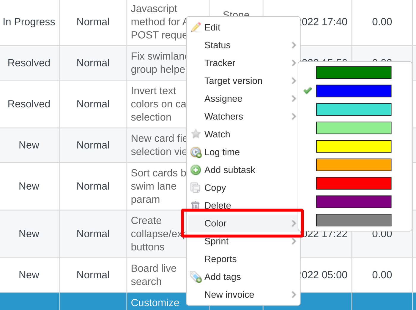 An article that shows how to return back the "color" option for right-click menu in Issues ...