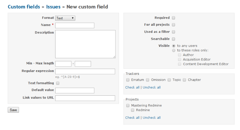 Custom Fields: Redmine Options and Formats