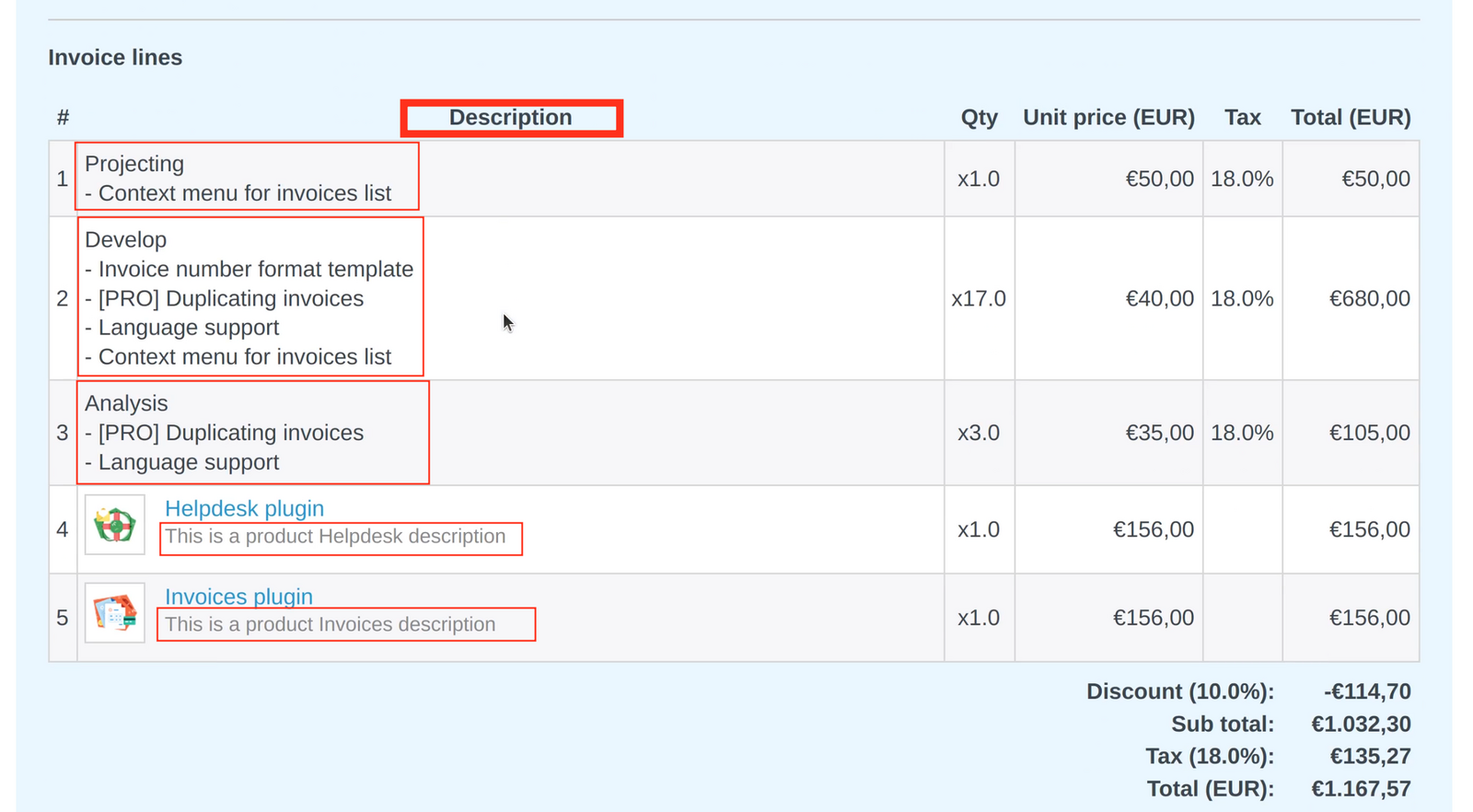 How to print product elements (invoice lines) on the invoice template? | Invoices plugin ...
