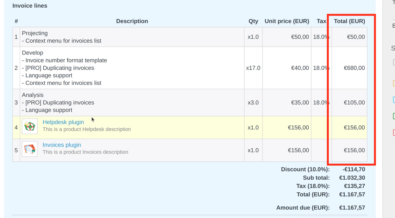 How to print product elements (invoice lines) on the invoice template? | Invoices plugin ...